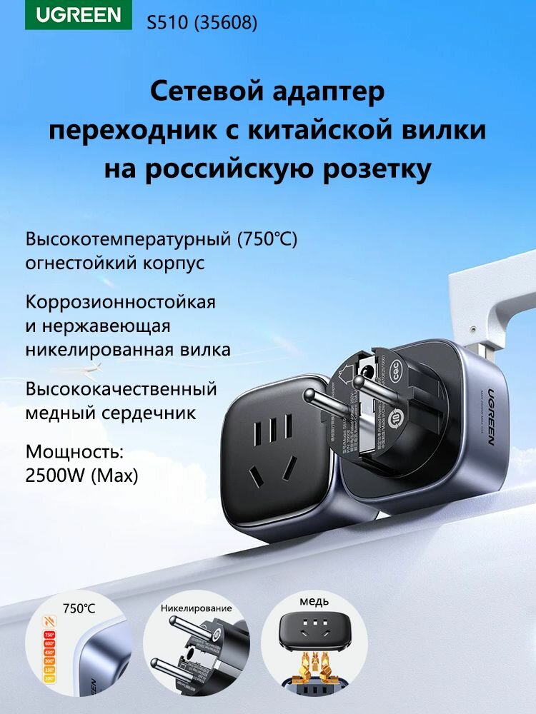 Сетевой адаптер UGREEN S510 (35608) переходник с китайской вилки на российскую розетку