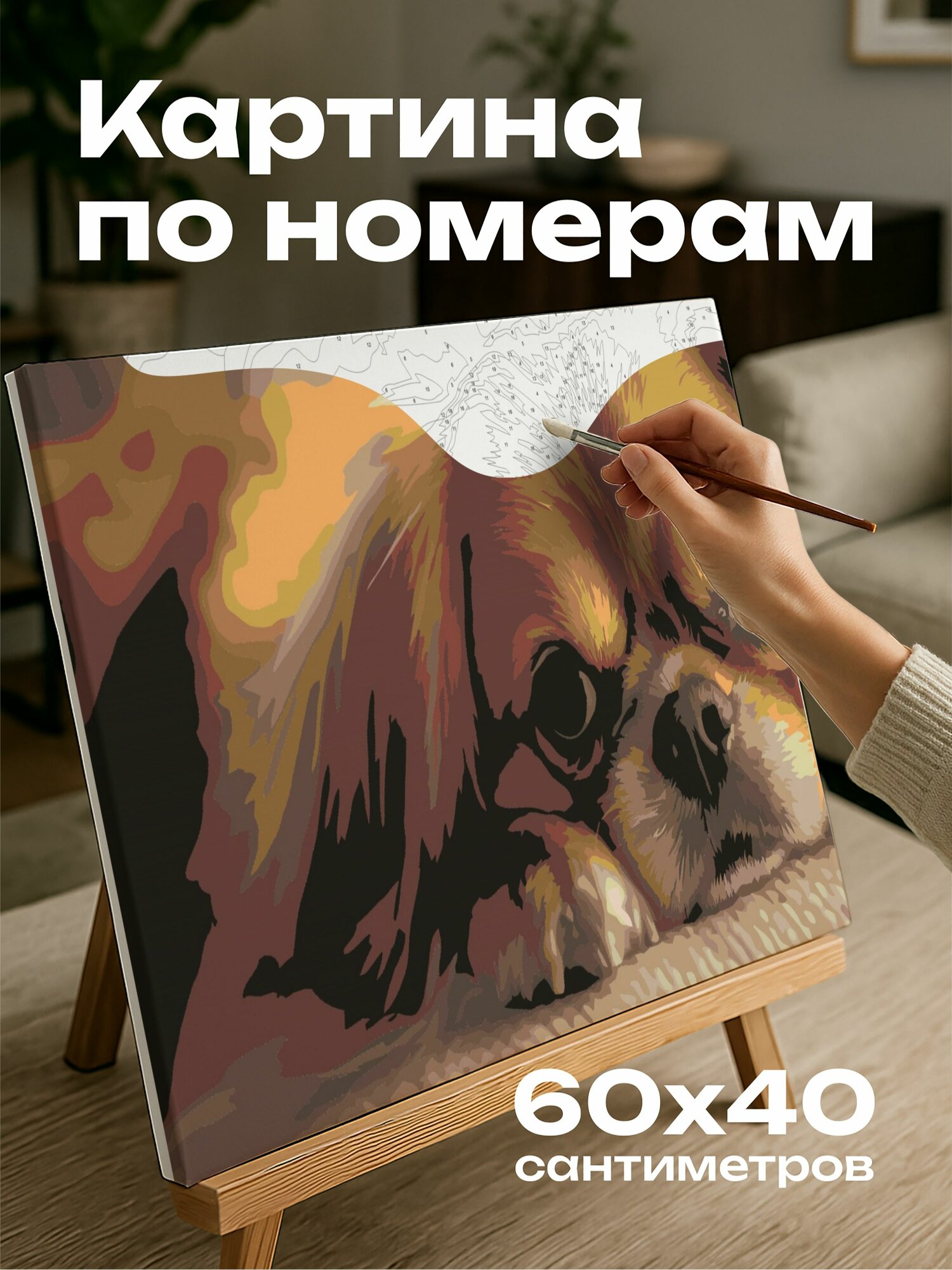 Картина по номерам 60x40 см, пекинес, домашняя обстановка, естественное освещение, выражение лица, пушистая шерсть