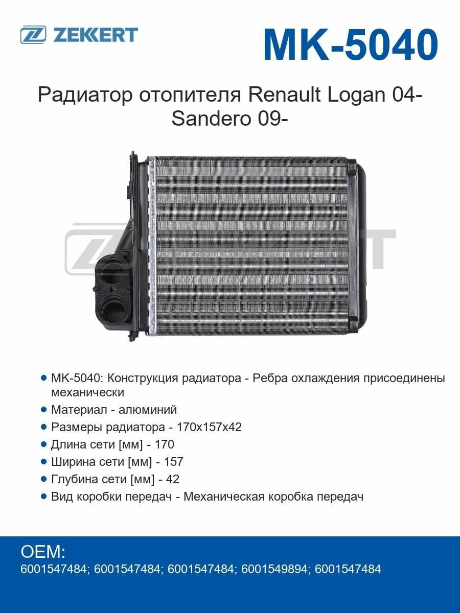 Zekkert Радиатор отопителя Renault Logan 04- Sandero с 2009 года