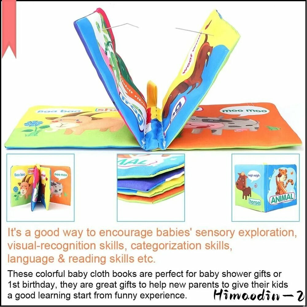 Мягкая книжка шуршалка для малышей Животные, развивающая игрушка из ткани, тактильная первая книга для новорожденных 0+