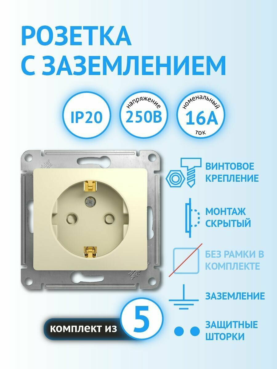 Механизм розетки Systeme Electric Glossa с заземлением с защитными шторками бежевый GSL000245 (комплект из 5 шт)