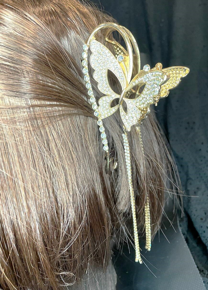 Заколка-краб. Бабочка петля со стразами. Усиленная. Цвет золото.