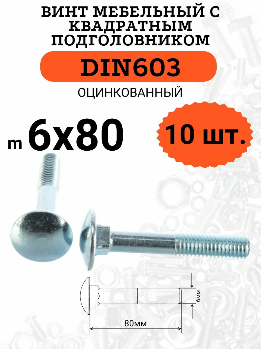 DIN603 6х80 винт мебельный с квадратным подголовником, 10 шт.