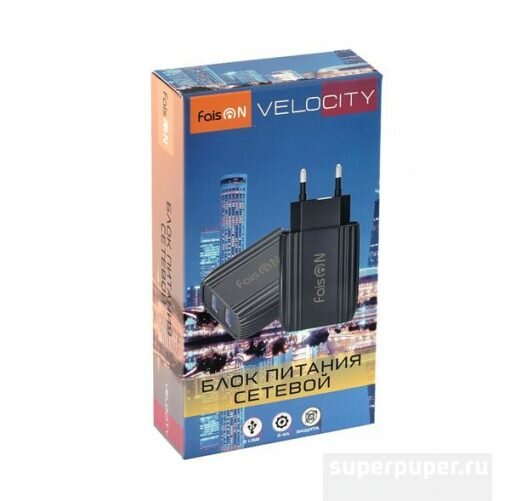 Сетевой блок питания, FaisON T97, Velocity, 2 USB разъёма, 2400mA, цвет: чёрный.