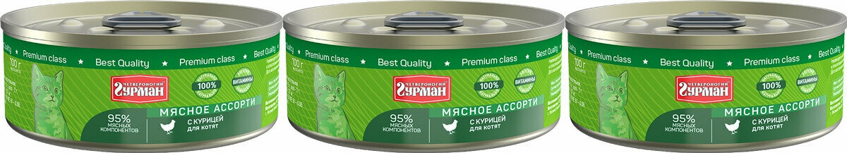 Четвероногий Гурман Корм консервированный для котят Мясное ассорти с Курицей, 100 г, 3 шт