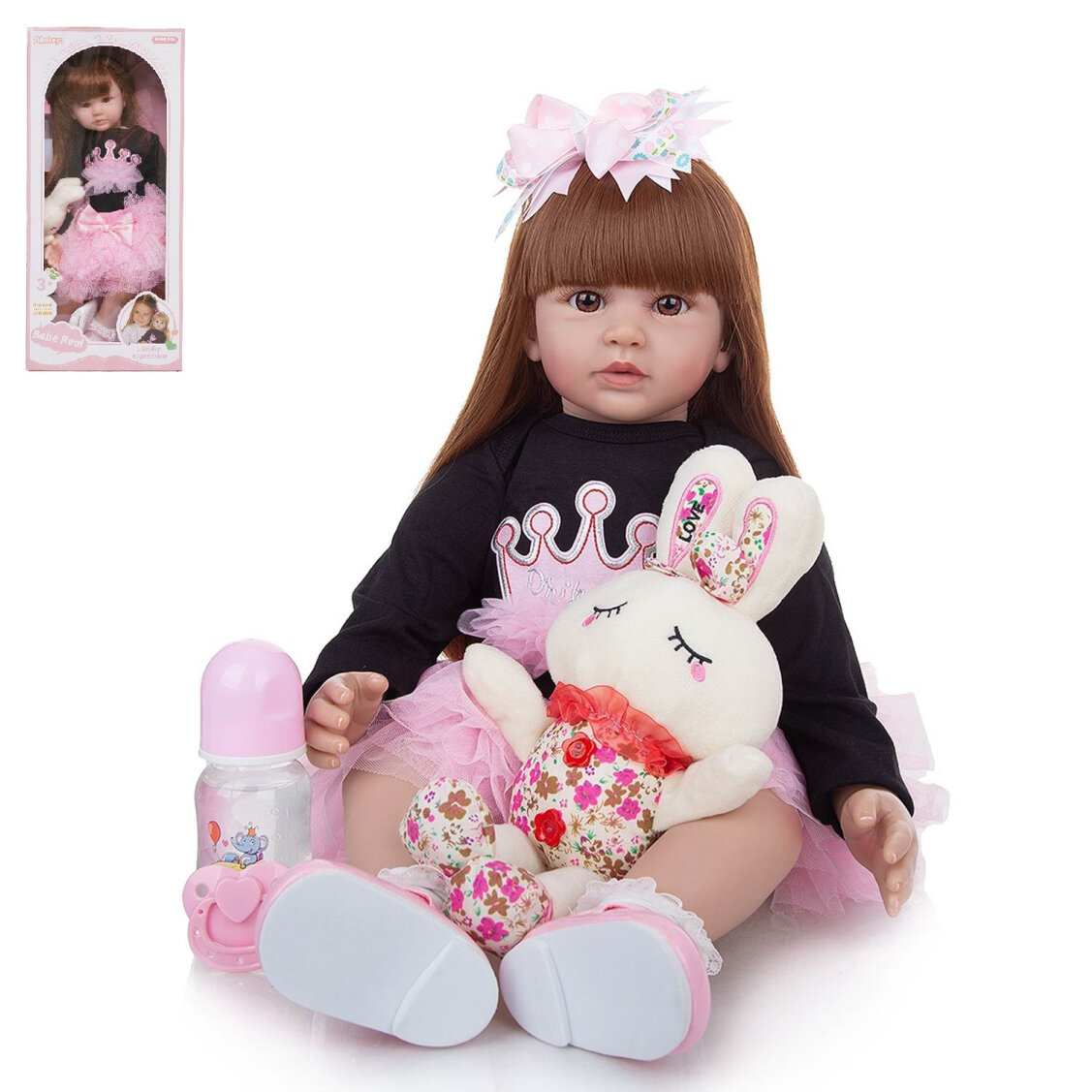 Кукла Baby toys в темной толстовке с короной и розовой юбке с плюшевым кроликом 60 см WJ-36046