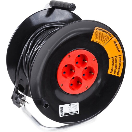 Удлинитель силовой на катушке Proconnect 40 м, 4 розетки, 3х1.00 кв. мм, с/з, черный