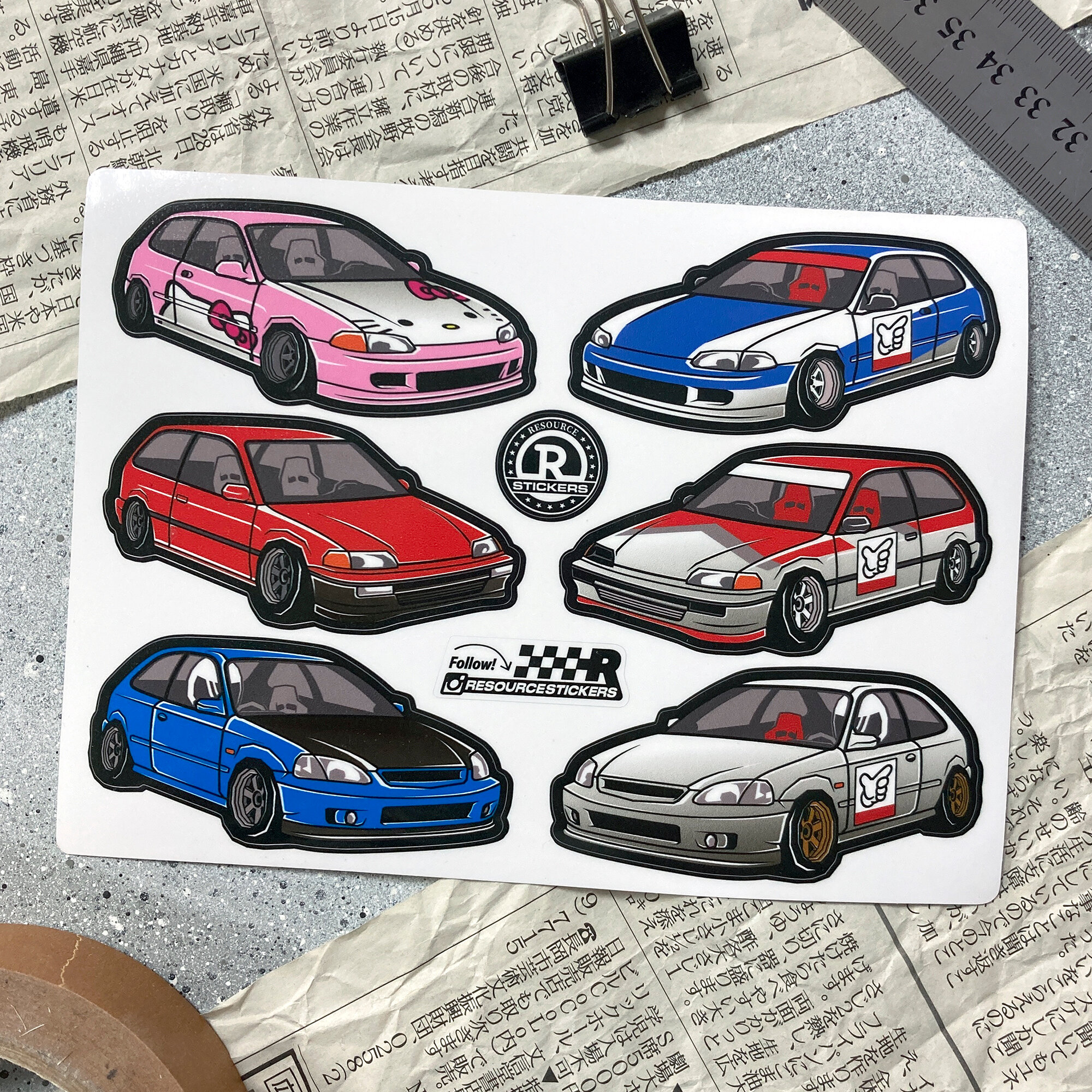 Наклейки с машинками, JDM, стикерпак Honda Civic / Resource Stickers