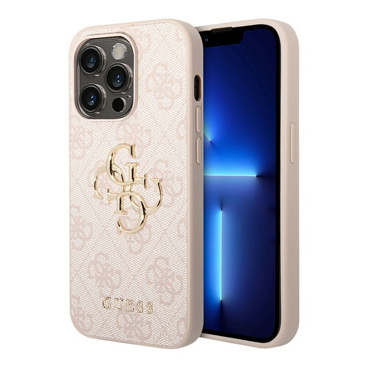 Guess чехол для iPhone 14 Pro, PU кожа 4G Big metal logo розовый