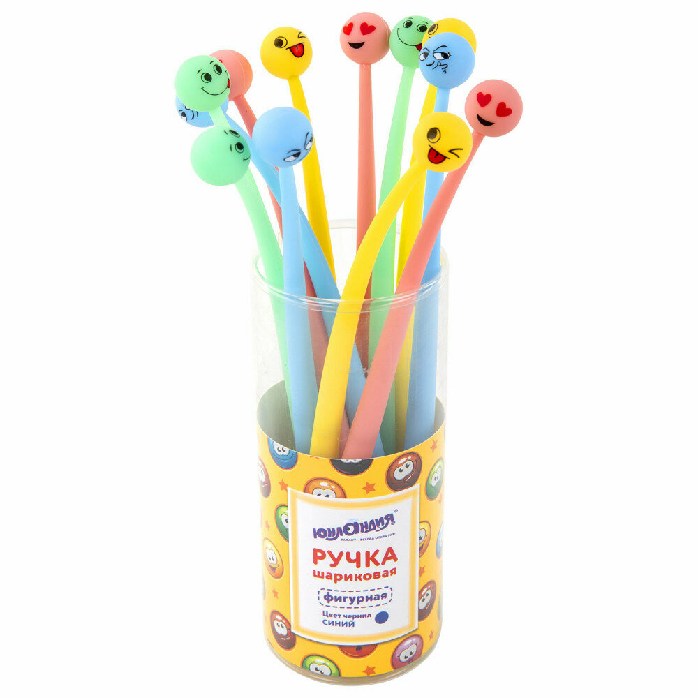 Ручка фигурная шариковая юнландия "Смайлик", силиконовый корпус, ассорти, синяя, пишущий узел 0,7 мм, 143793, 1 шт