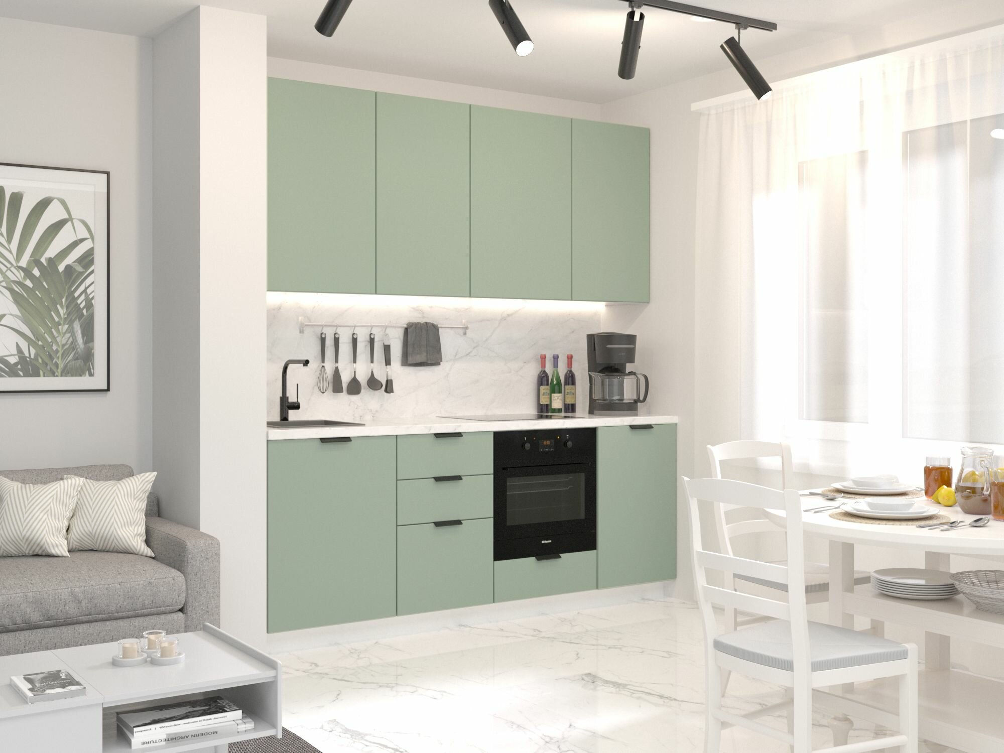 Кухонный гарнитур Фьюжн, Зеленый матовый, 2200 мм