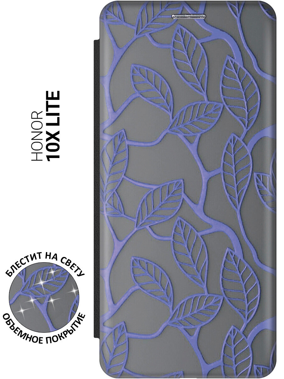 Чехол-книжка на Honor 10x Lite / Хонор 10Х Лайт c принтом "Фиолетовые листья" черный