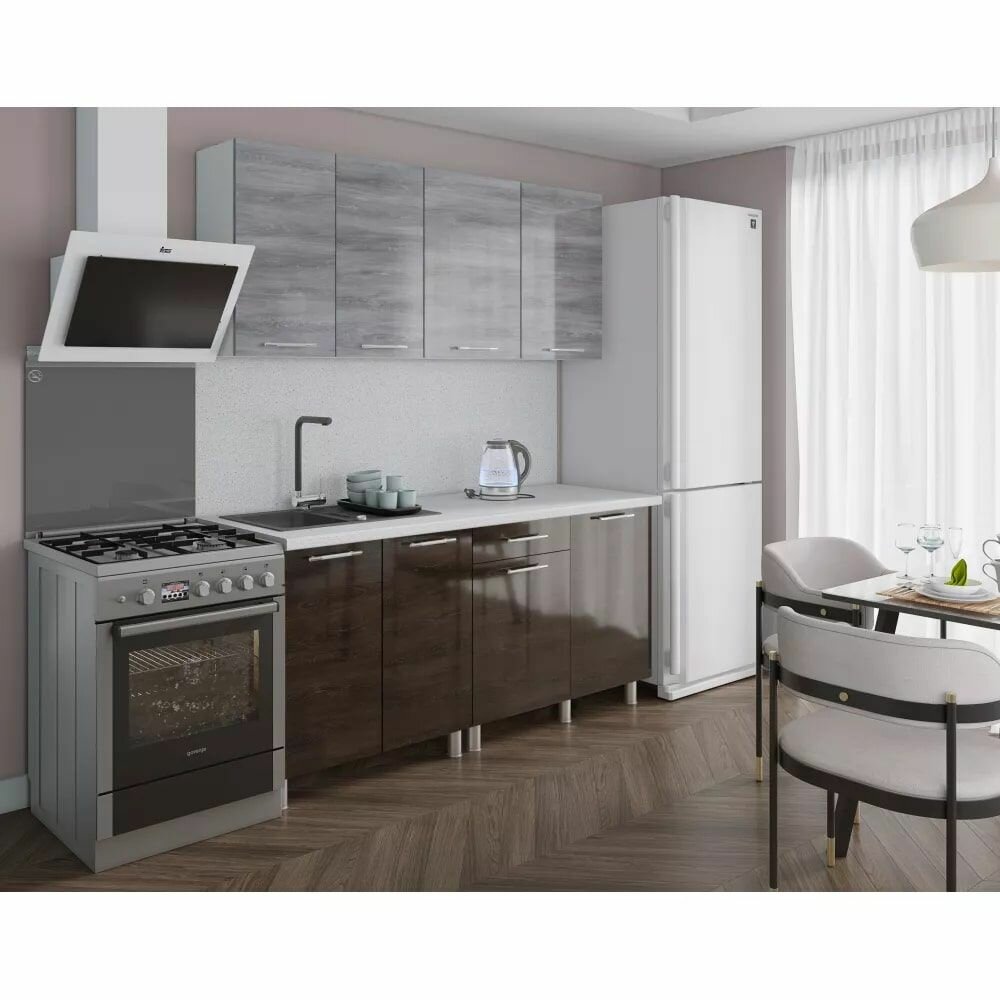 Кухонный гарнитур (кухня) без столешницы Танго 1.8м, Фасад МДФ Дуб шале серебро/Дуб шале мореный Корпус ЛДСП Белый с тиснением Древесные поры тэкс