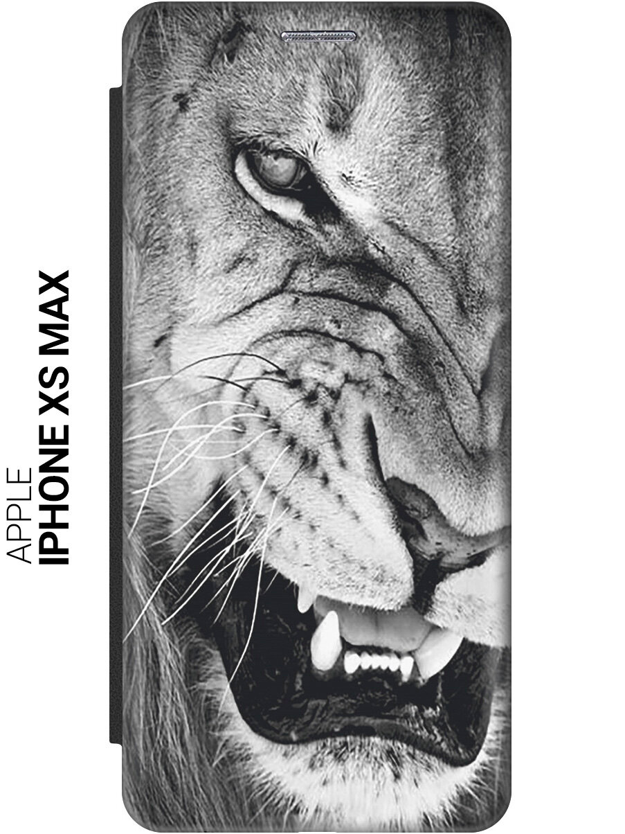 Чехол-книжка на Apple iPhone XS Max / Эпл Айфон Икс Эс Макс с рисунком "Скалящийся лев" черный