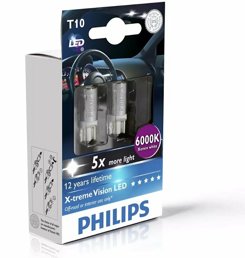 Светодиодная лампа Philips W5W 12V-1W 129666000KX2 (W2,1x9,5D) LED 6000K X-treme Vision LED (Комплект 2 шт.)