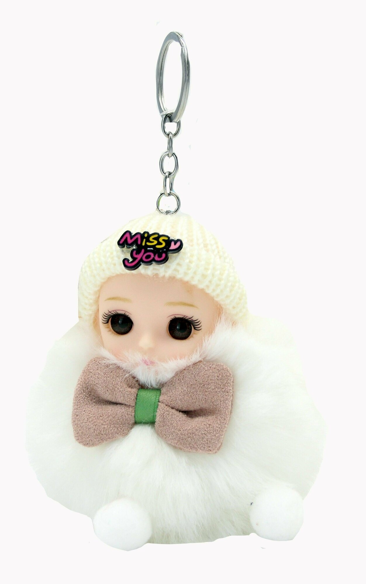 Мягкая игрушка - брелок "Гномик" с бантом, белый, искусственный мех