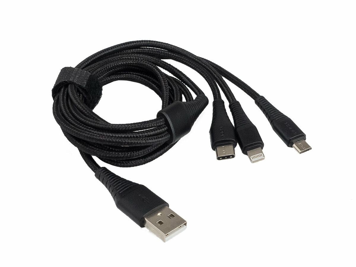 Зарядный кабель AurA TPC-U31B (USB > Lightning/MicroUSB/Type C, чёрный, 1,2 метра)