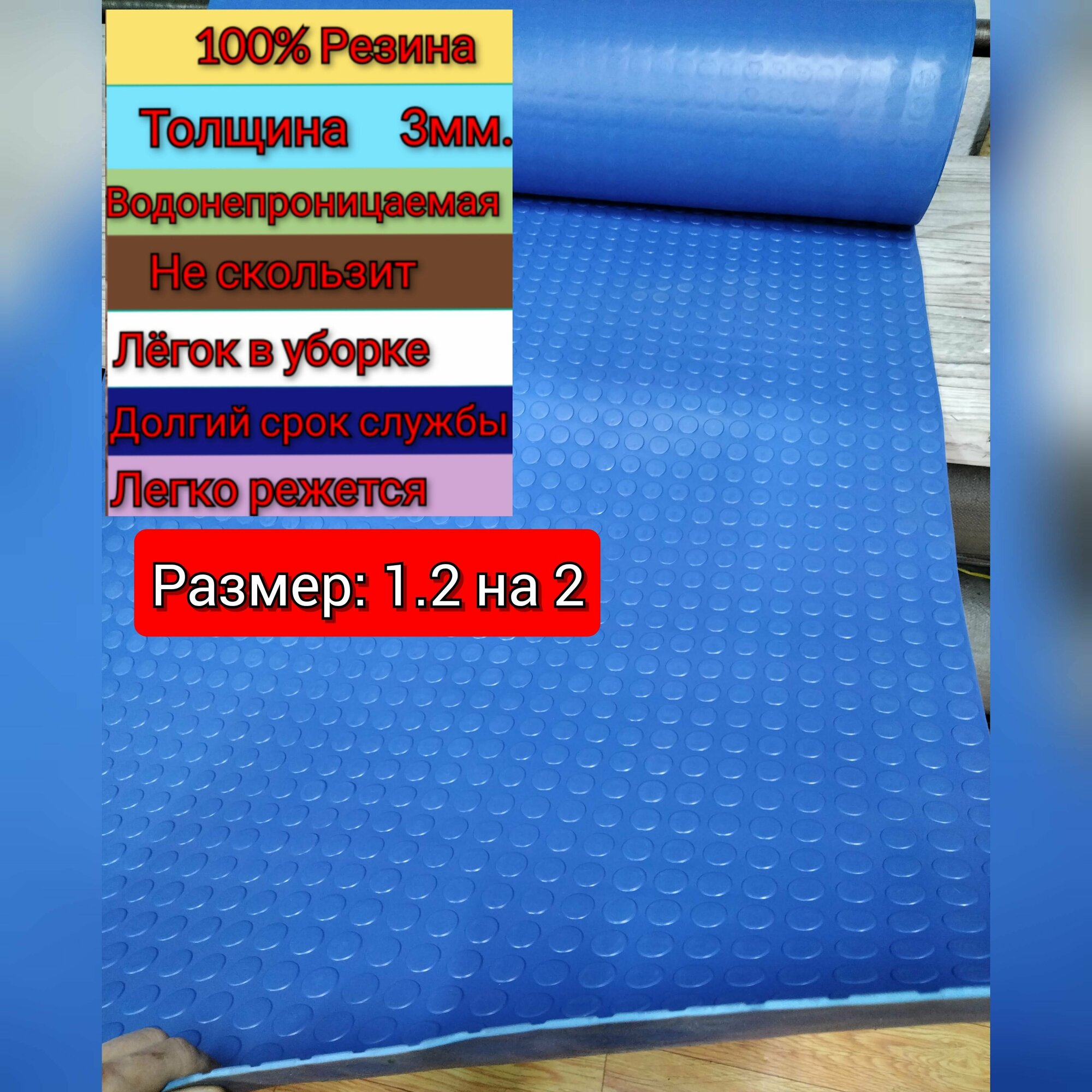 Резиновое покрытие напольное в рулоне 1.2 х 2 (Монета, цвет синий) Резиновая дорожка для авто, гаража, ступень, для лифта