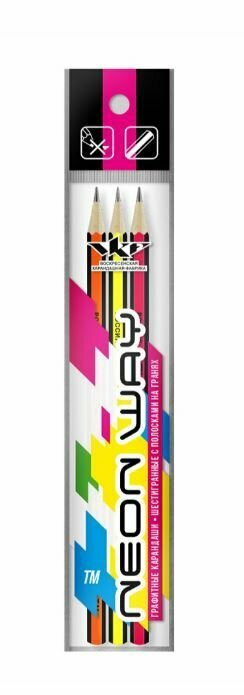 Карандаши простые чернографитные, шестигранные "Neon way", заточенные. Набор 3 штуки