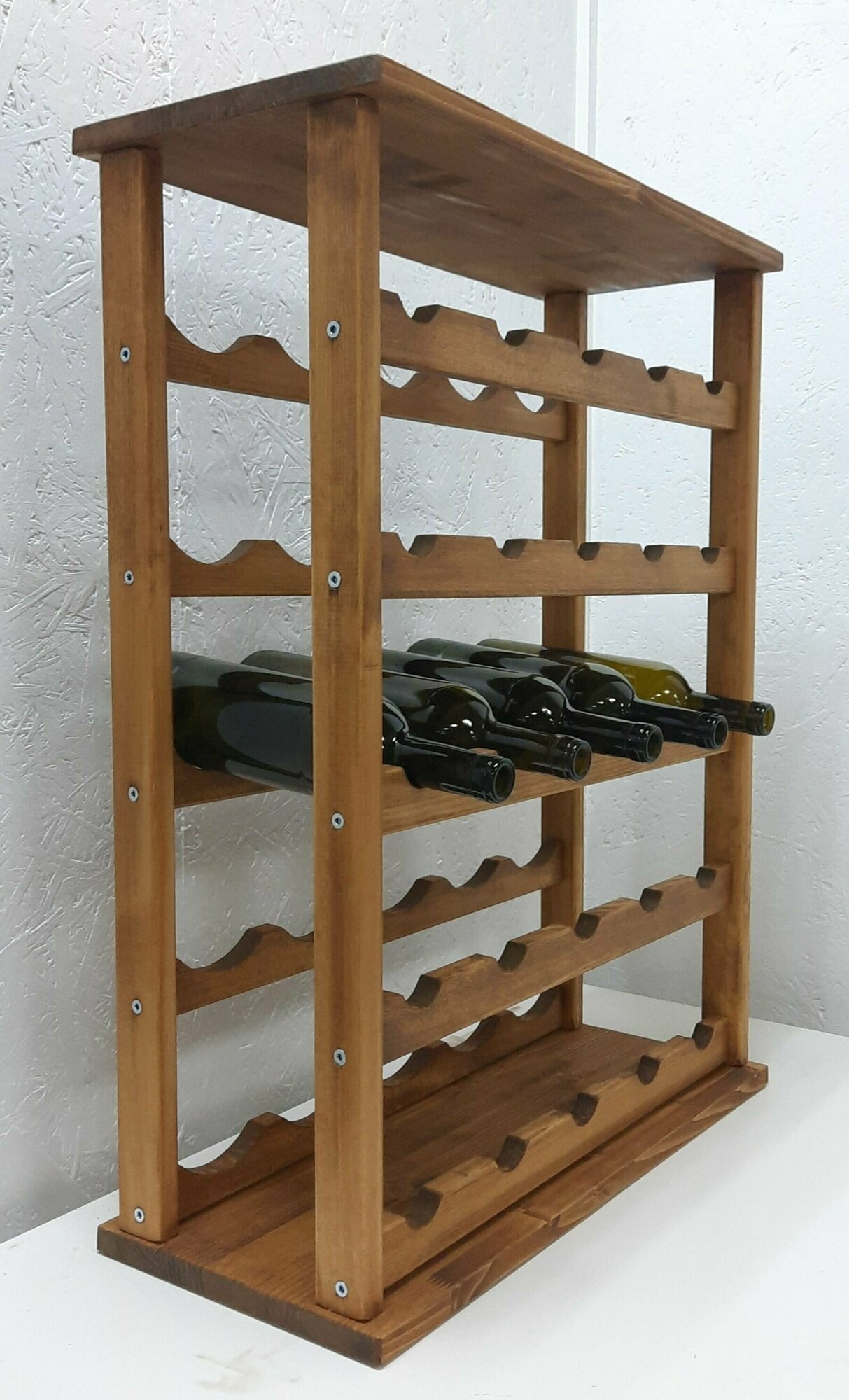 Стеллаж для 25 бутылок вина и шампанского деревянный со столешницей. Темный орех.
