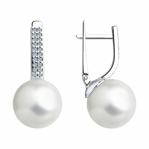 Серьги, серебро, 925 проба, родирование, жемчуг культивированный, фианит