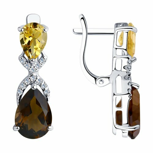 Серьги с подвесками, серебро, 925 проба, родирование, раухтопаз, цитрин, фианит
