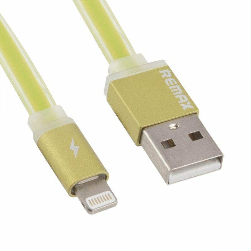 USB Дата-кабель Remax для смартфона Apple Lightning 8-pin плоский с золотым коннектором, 1 метр, зеленый