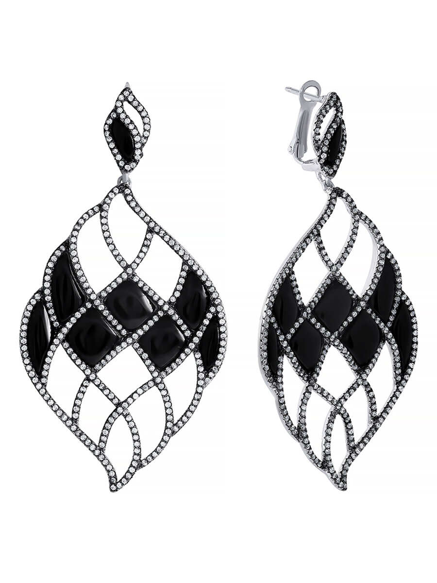 Серьги, серебро, 925 проба, циркон, оникс
