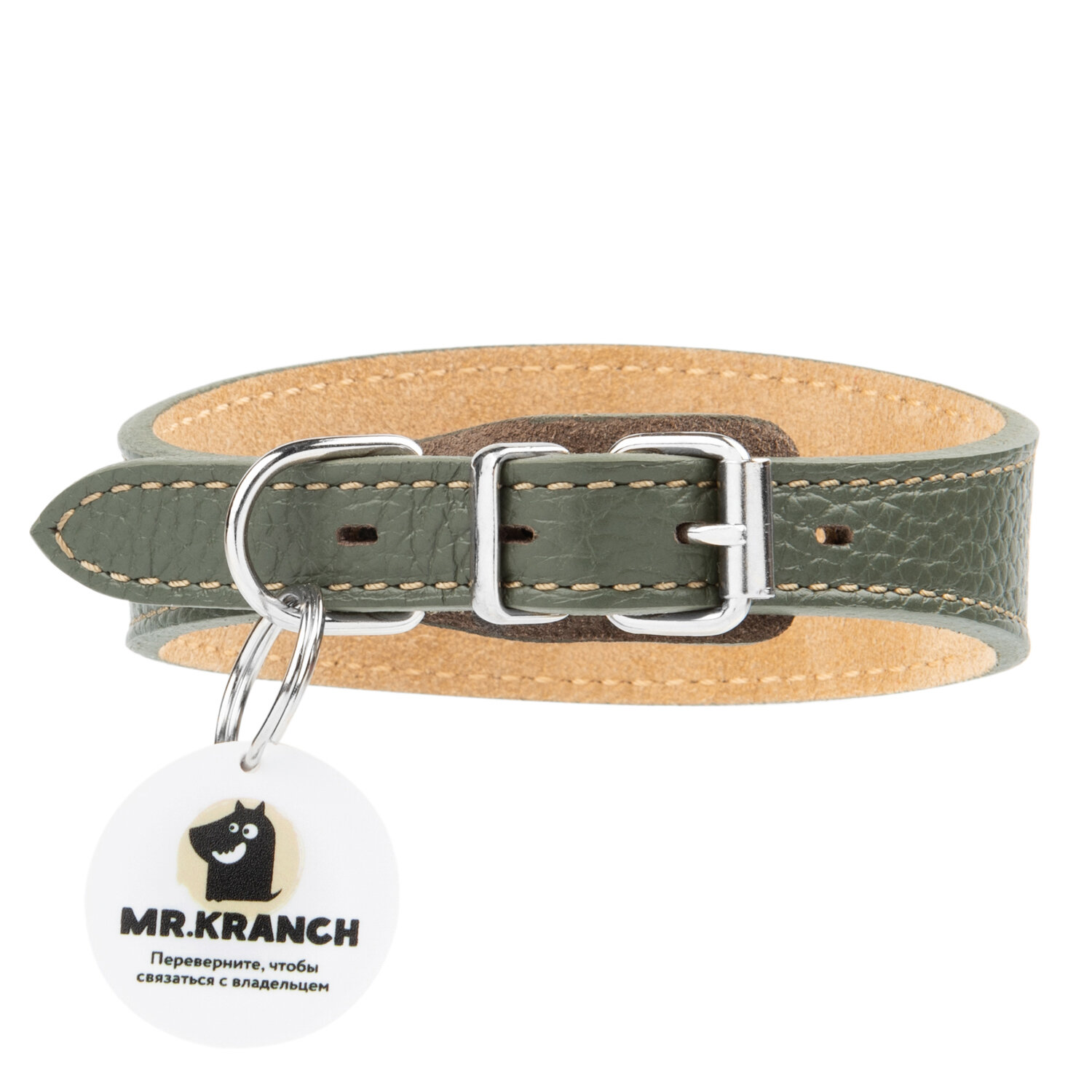 Ошейник-селедка Mr.Kranch для собак из натуральной кожи с QR-адресником, 21-25см, оливковый VLT-MKR173730