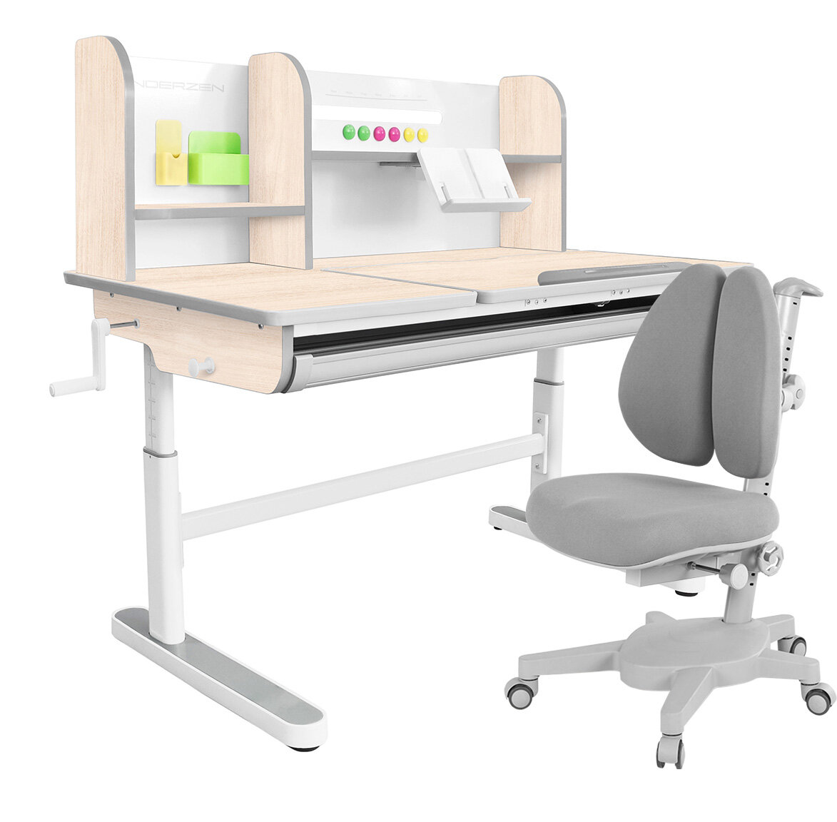 Комплект Kinderzen Gaudi Plus парта + кресло клен/серый c серым креслом Anatomica Armata Duos