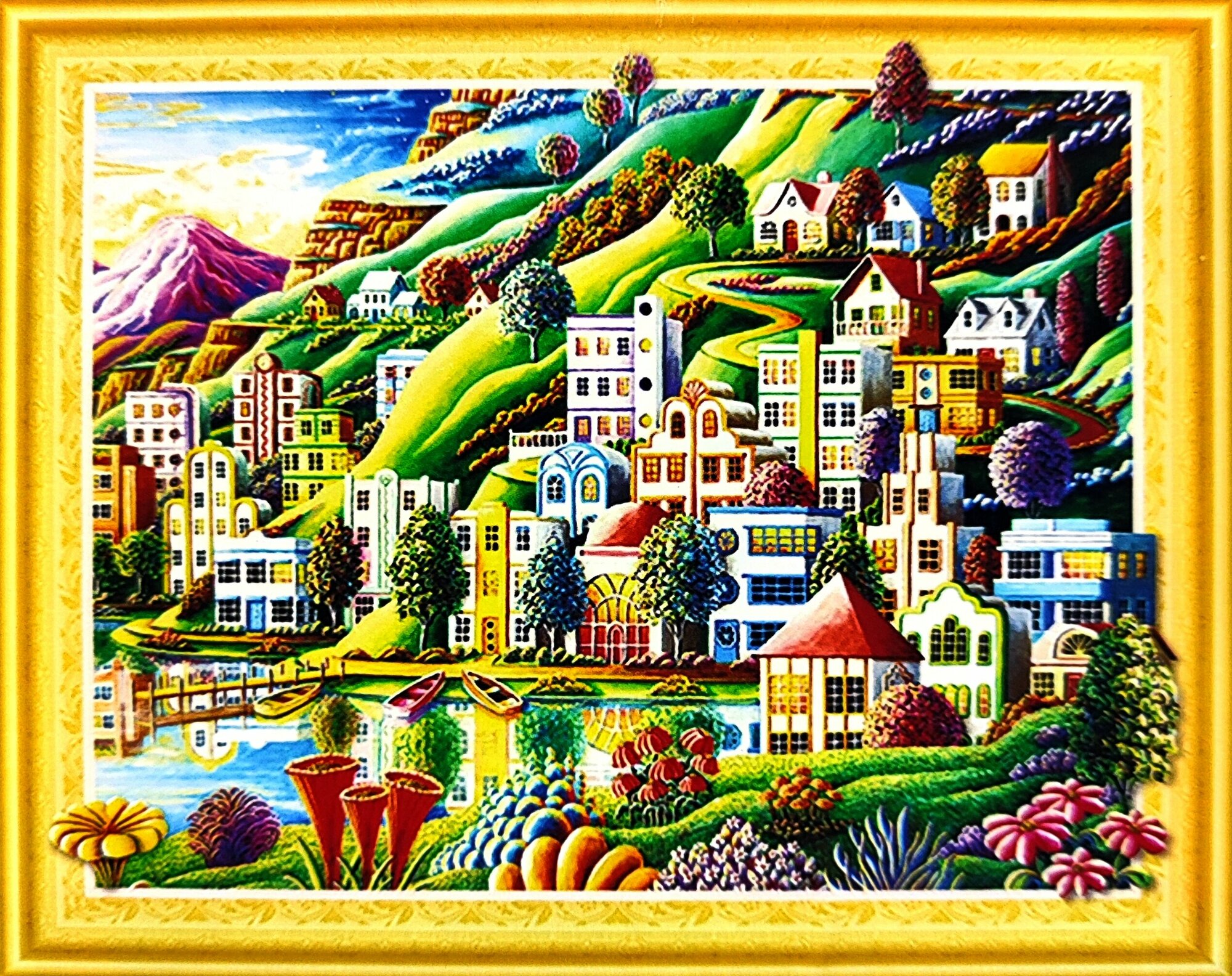 Алмазная мозаика круглые, частичная выкладка, на подрамнике, природа, озеро, Италия, город, домик, лодка, пейзаж 40*50