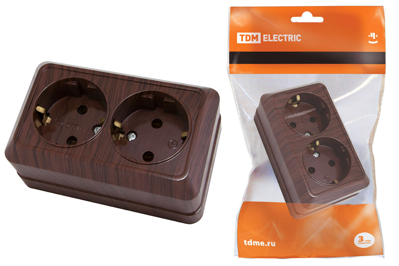 Розетка двойная 2П+3 открытой установки IP20 16А 250В (керамика) бук "Ладога" TDM SQ1801-0313