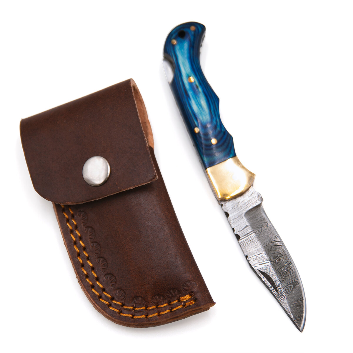 Складной нож из Дамасской стали в кожаном чехле