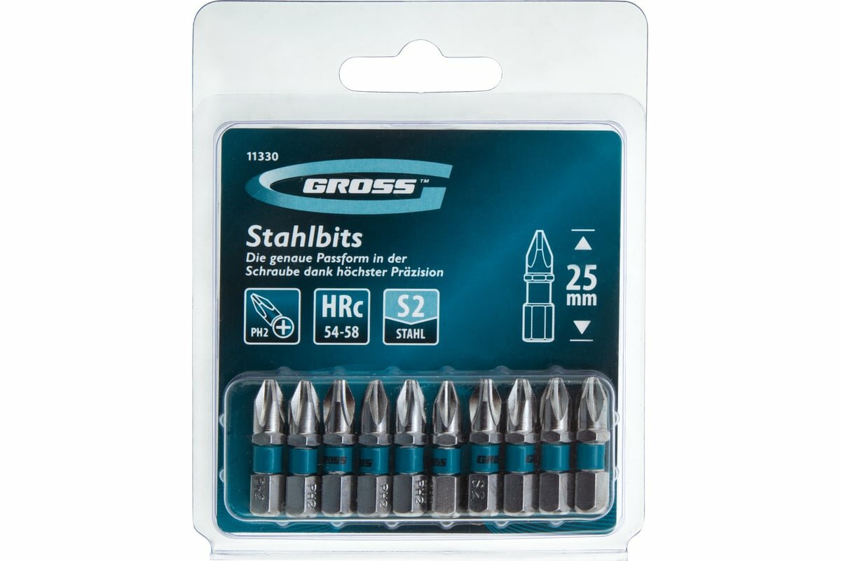 GROSS 11330 Набор бит PH2 25 мм из прочной стали S2, 10 шт, универсальный инструмент