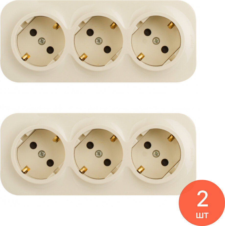 Розетка силовая штепсельная Legrand / Легранд Quteo ОП 3х2P+E, 16A 250В IP20, трехместная с заземлением и защитными шторками, слоновая кость, 782268 / электрооборудование (комплект из 2 шт)