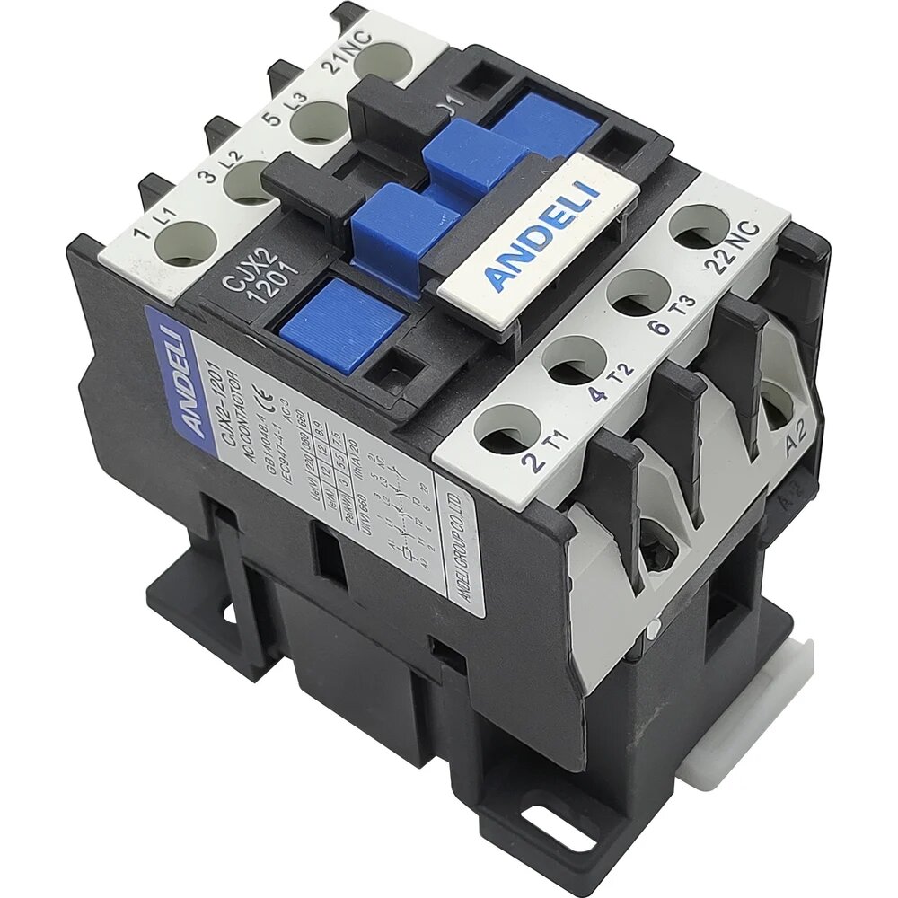 Контактор ANDELI CJX2-d1201 трехфазный переменный ток, корпус из пластика, монтаж DIN‑рейка, дополнительный контакт