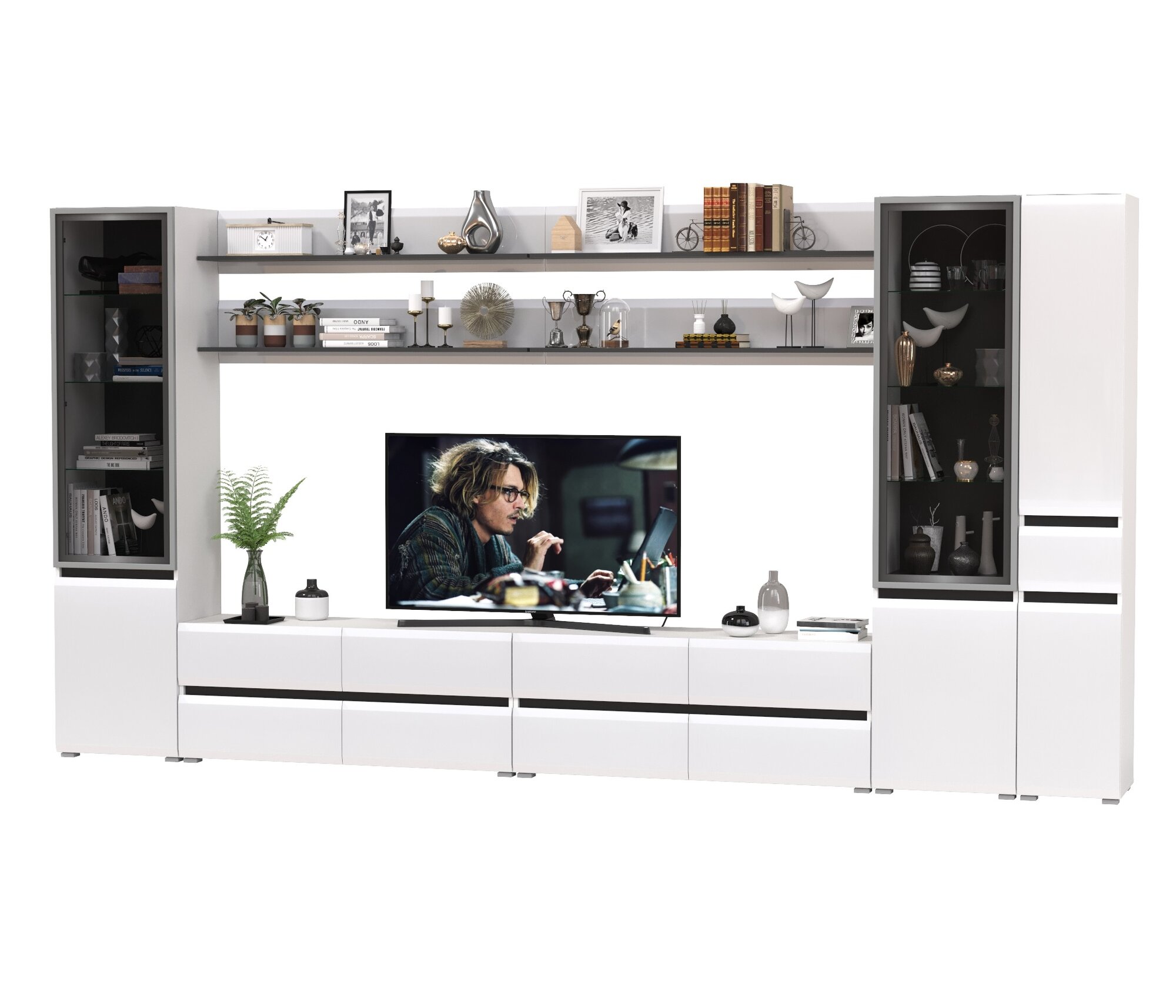 Мебель для гостиной модульная Моби Сидней № 116, цвет белый/чёрный/МДФ белый глянец, 394,8х41,3х205,2 см.