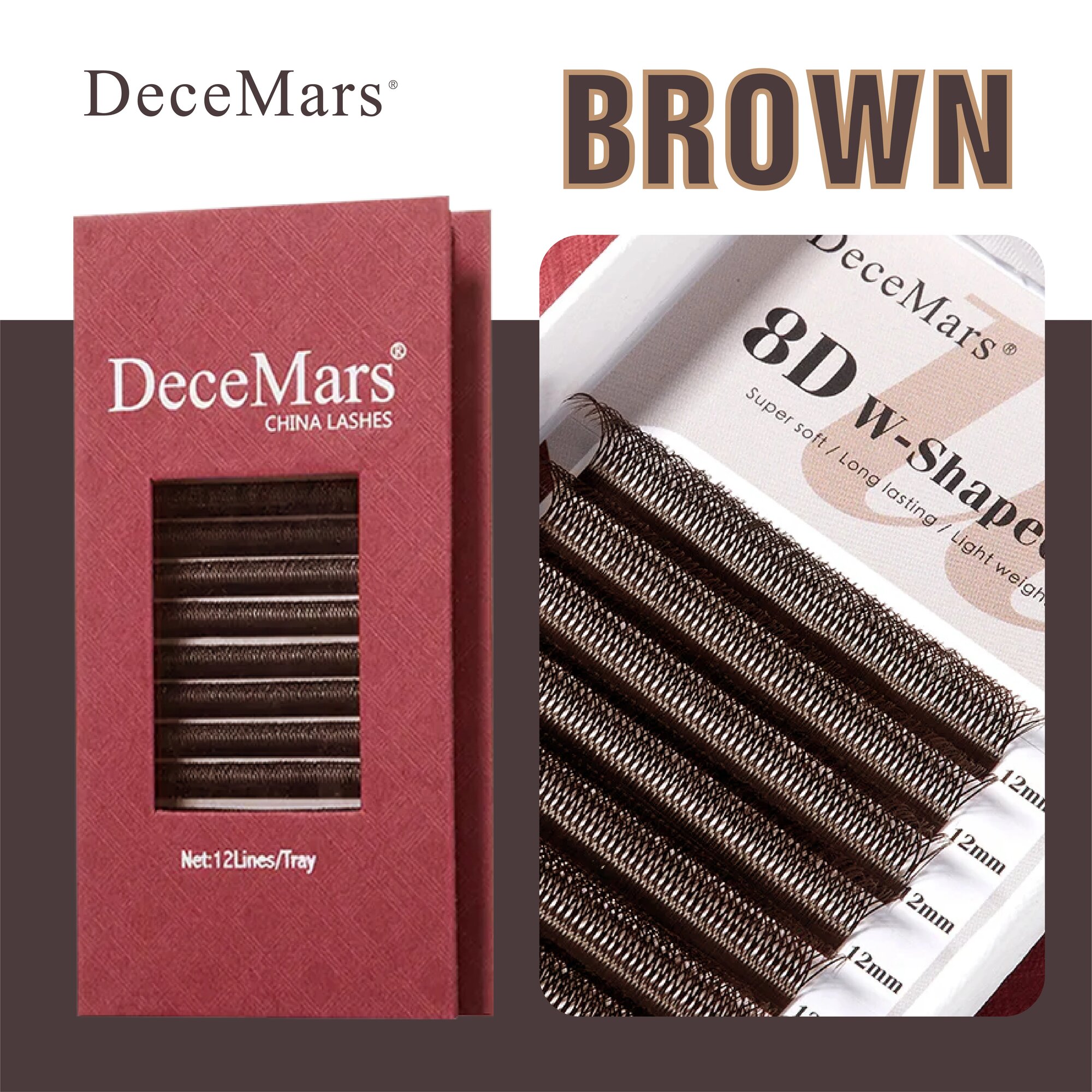 DeceMars Brown наращивание ресниц 8D W, C изгиб, 10-12 MIX