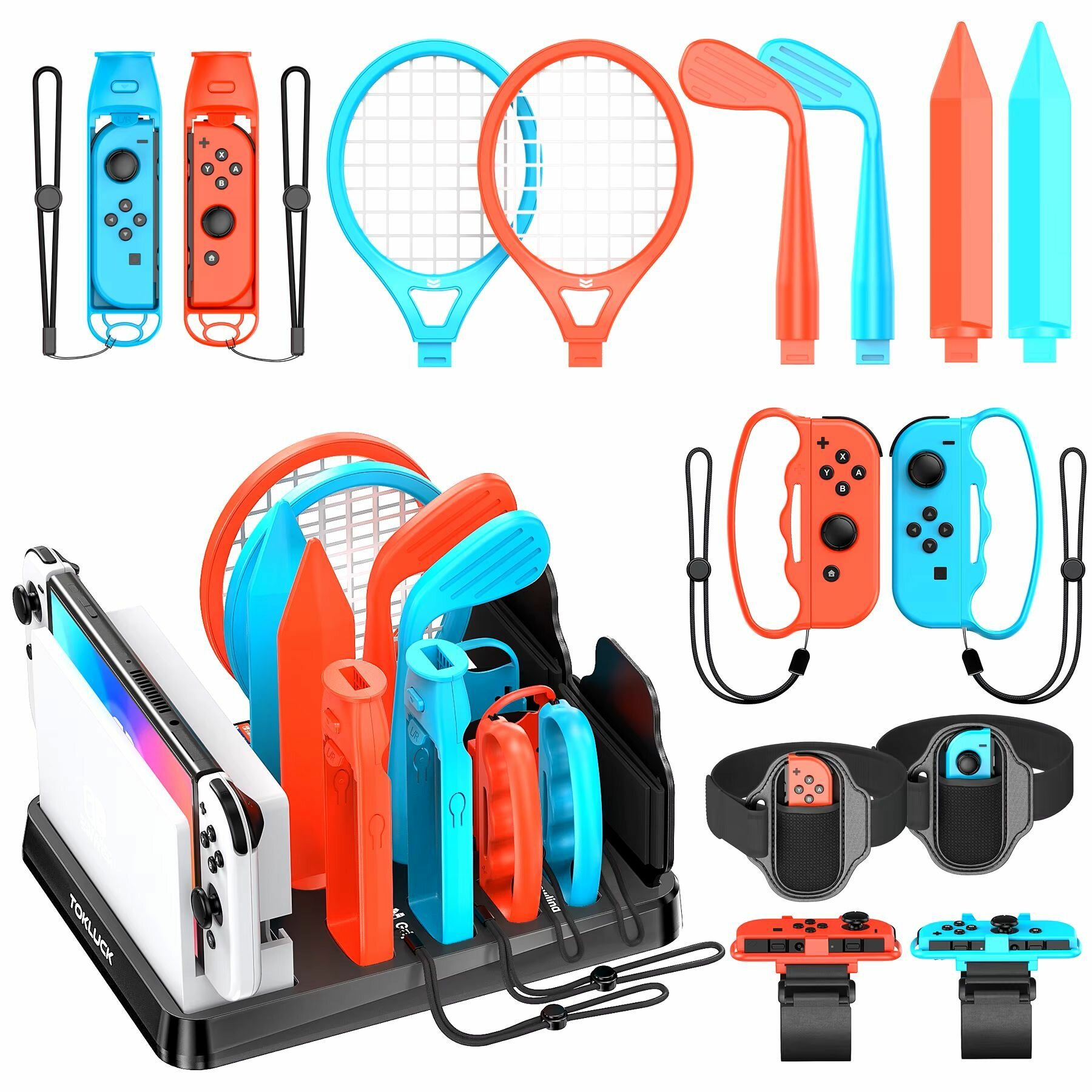 Подставка для приставки Nintendo Switch / OLED и комплект аксессуаров ракетки клюшки ремешки для Joy-Con