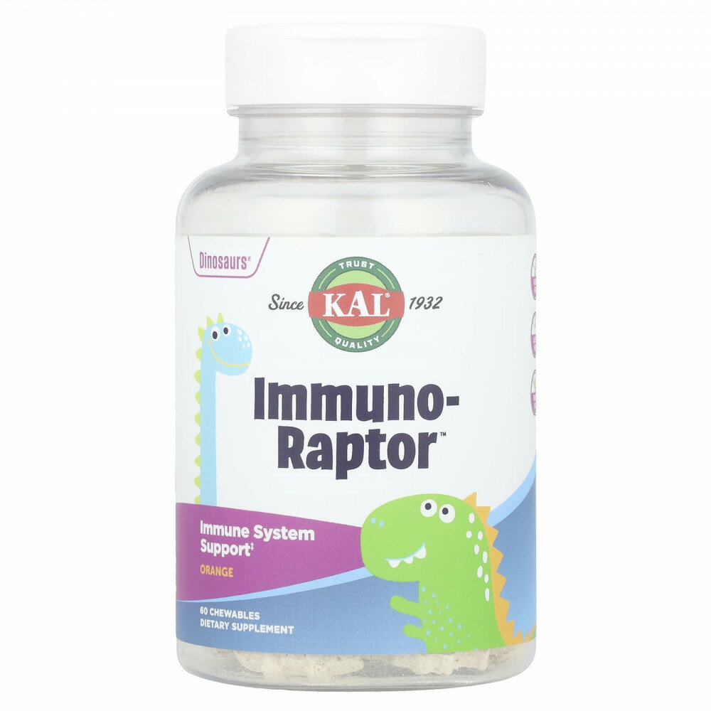 KAL, Dinosaurs®, Immuno-Raptor™, добавка для поддержки иммунитета, со вкусом апельсина, 60 жевательных таблеток