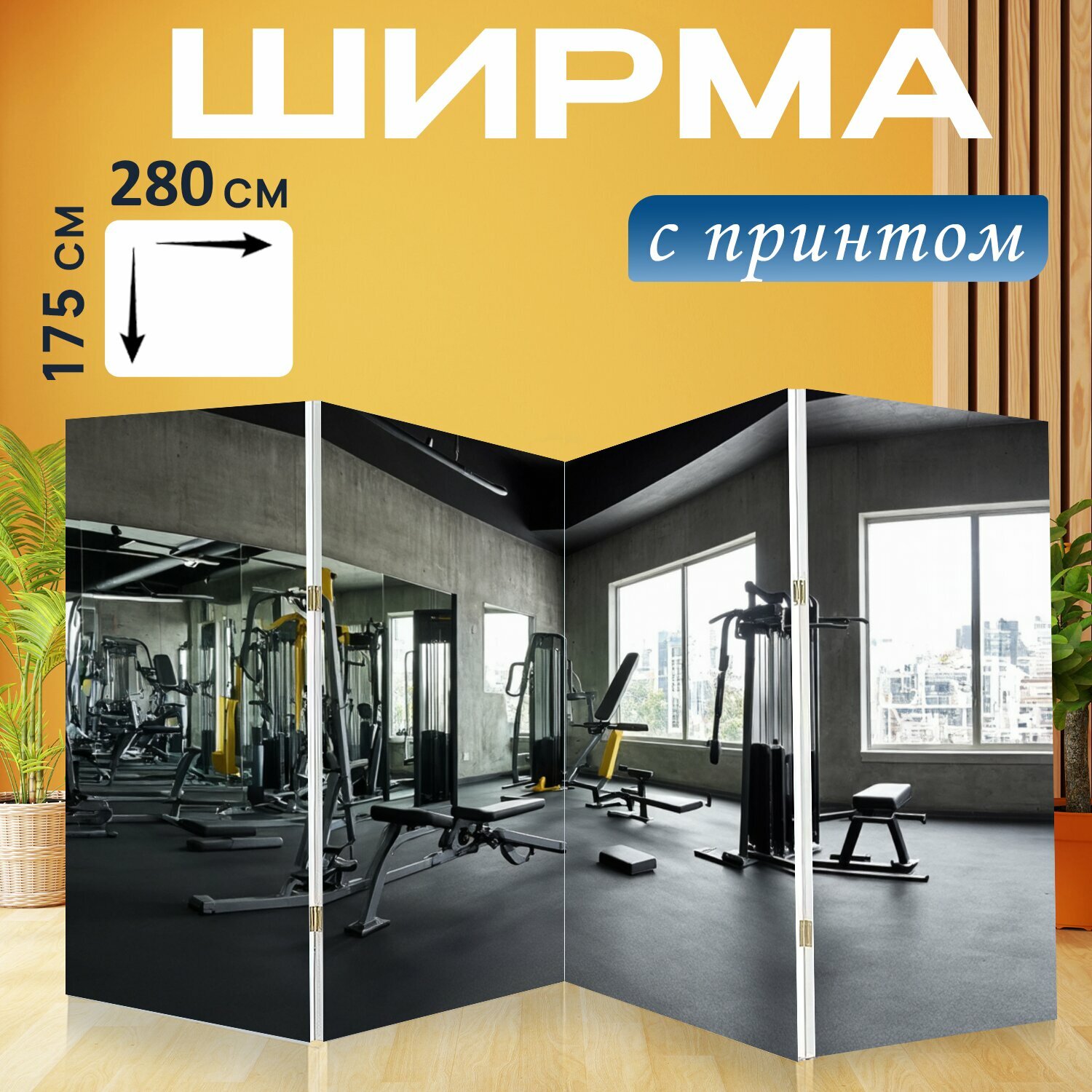 Ширма "Лофт: интенсивный спортзал с различными тренажерами и зеркалами. стены из прочного бетона, а пол - из" перегородка для зонирования комнаты с принтом 280x175 см. на холсте
