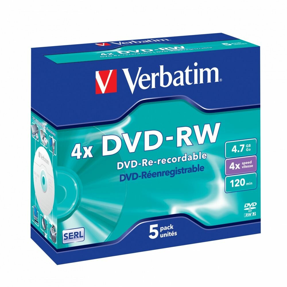 Оптические диски Verbatim DVD-RW 4.7 ГБ 4X SERL серебристый матовый 5 шт. в коробках