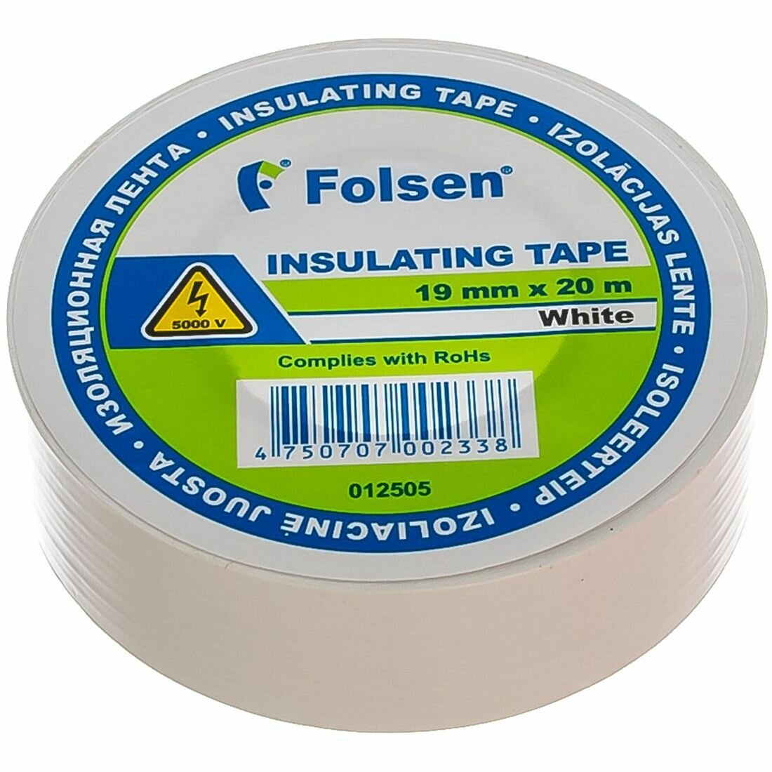 Лента изоляционная 19 мм . x20 м. толщина 0,12 мм . ПВХ белая от -10C до +80C Folsen 012505