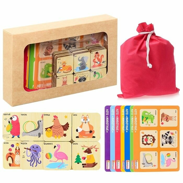 Лото Alatoys "Животные" 42 фишки 35х35 мм, 7 карточек 147х105 мм, мешочек для хранения (ЛТ08)