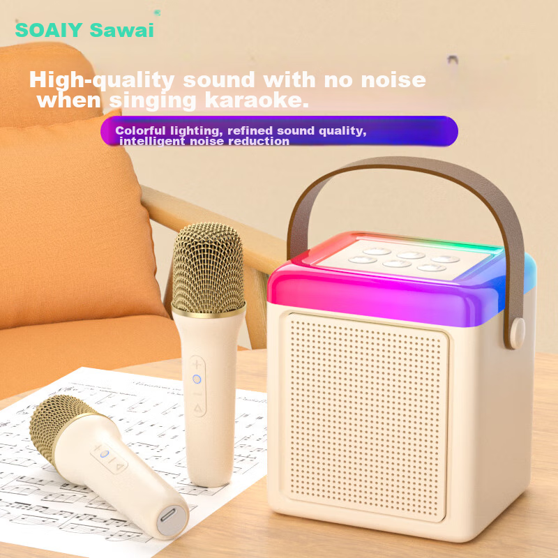 Soaiy SK21 All-In Speaker Microphone, Dual Speakers, Wireless Bluetooth, for Children, Home Use, Karaoke, Outdoor, All-People Singing, Home KTV, Cream White, Dual Microphones