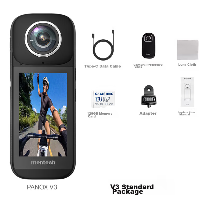 Mentech Panox V3 360-Degree Panoramic Action Camera, 8K High-Definition Anti-Shake Camera, Motorcycle Riding Recorder, Vlog Shooting, Skiing, Lure Fishing, Standard Package