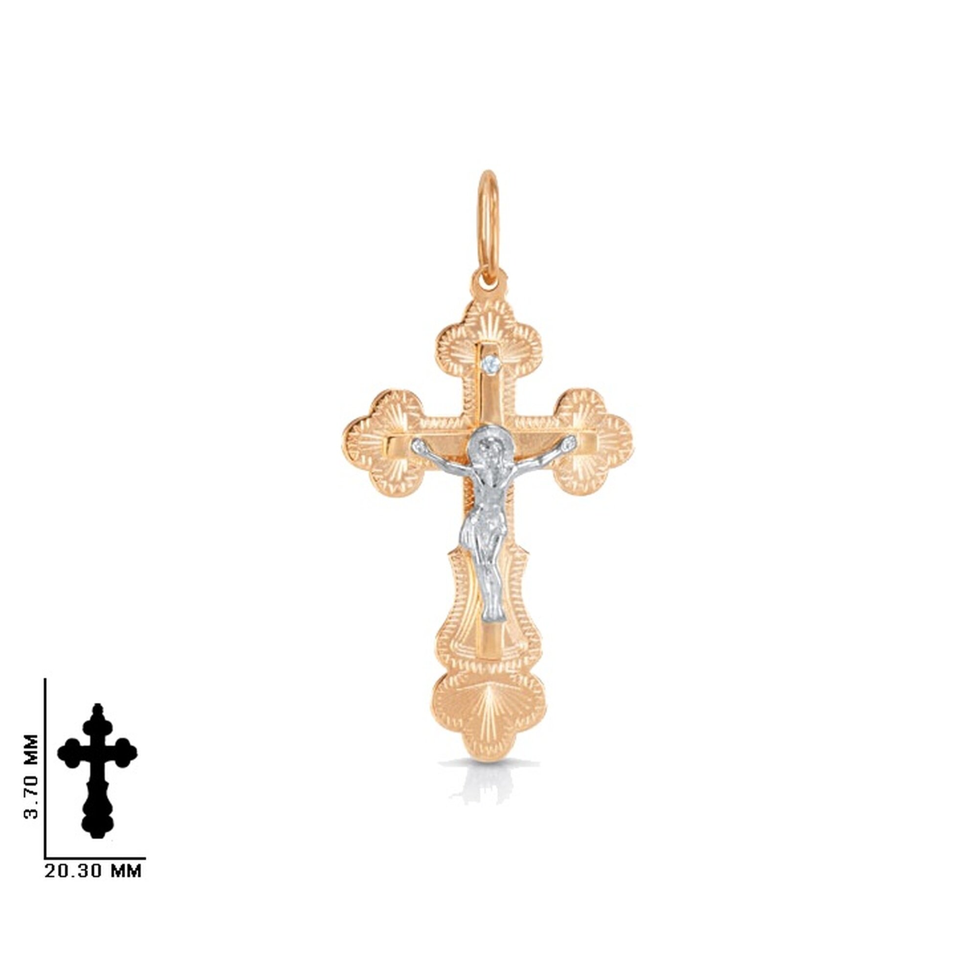 Крестик, красное золото, 585 проба, родирование, фианит