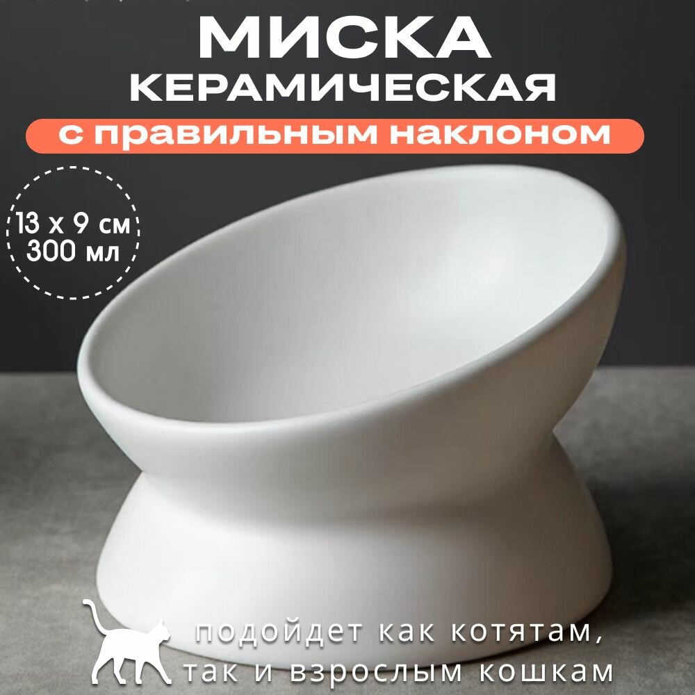 Миска для кошек и собак мелких пород BARQ Sfera, керамическая, с наклоном, на подставке (Белая)