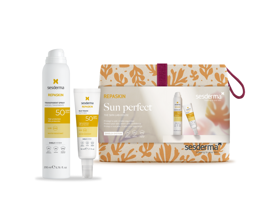 Набор Sesderma Repaskin Sun Perfect: Спрей для тела SPF 50+, 200 мл + Средство для лица SPF 50, 50 мл + Косметичка