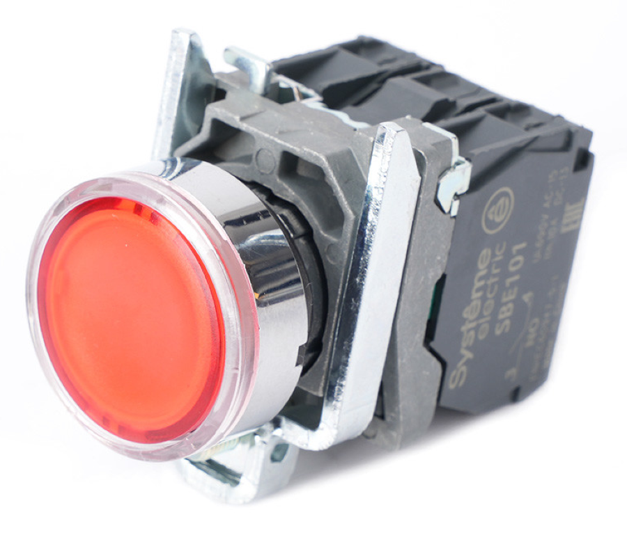 Кнопка управления Systeme Electric / Систем Электрик SB4 модульная с подсветкой металлическая красная, 24ВDC 1НО+1НЗ IP65, под отверстие диаметром 22мм, SB4BW34B5 / кнопочный пост